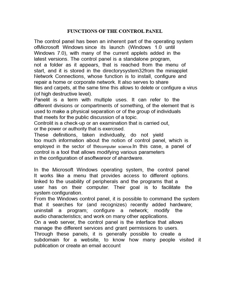 Functions of The Control Panel | PDF | Computer File | System Software