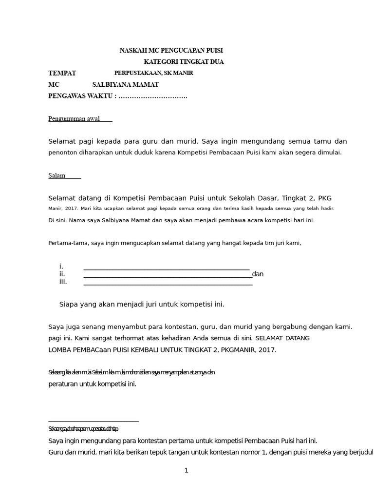 Naskah MC Kompetisi Puisi SD Tingkat 2 | PDF