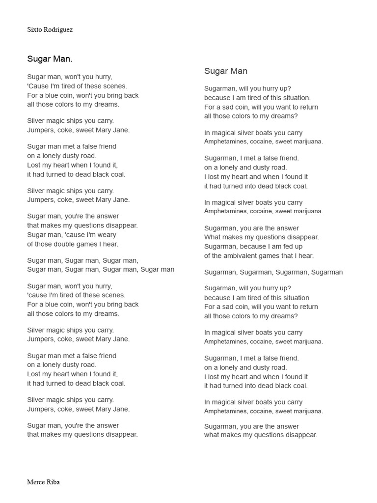 SIXTO RODRIGUEZ ¡SUGAR MAN! Lyrics in Spanish From His Albums Cold Fact ...
