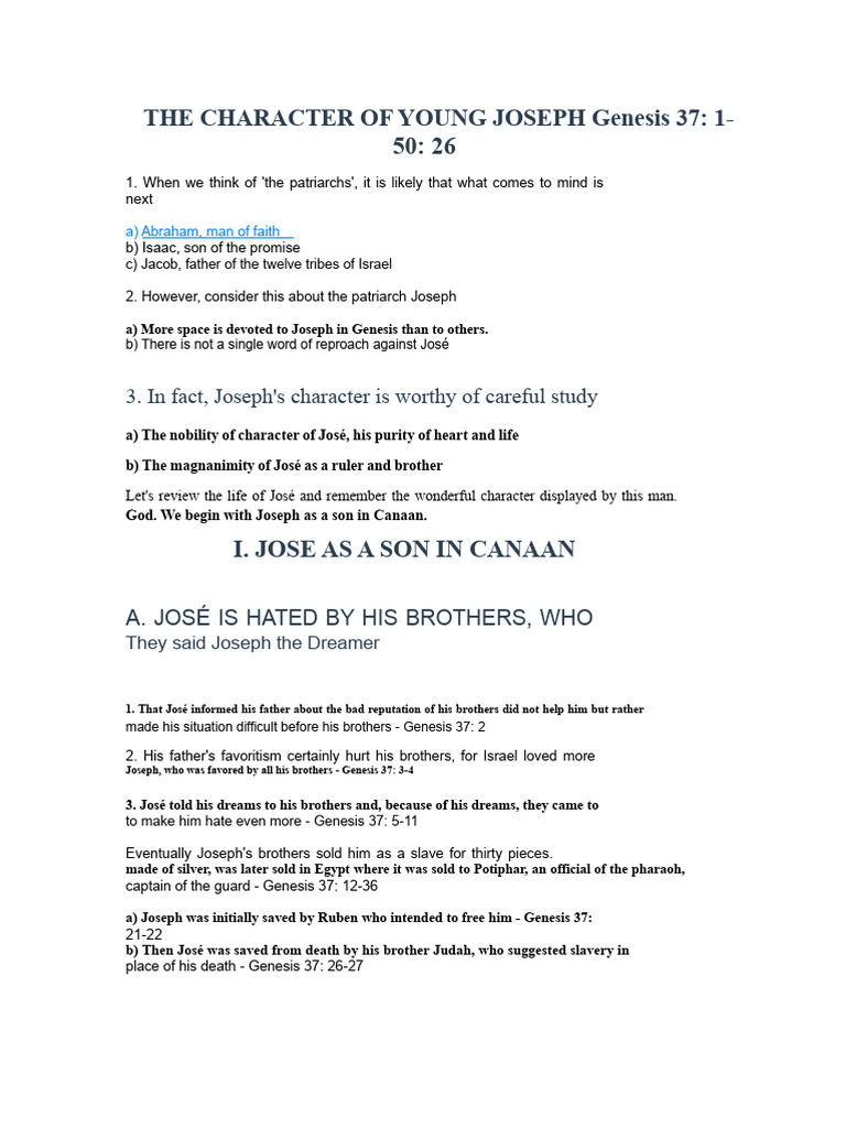 THE CHARACTER OF YOUNG JOSEPH Genesis 37 | PDF | Book Of Genesis ...