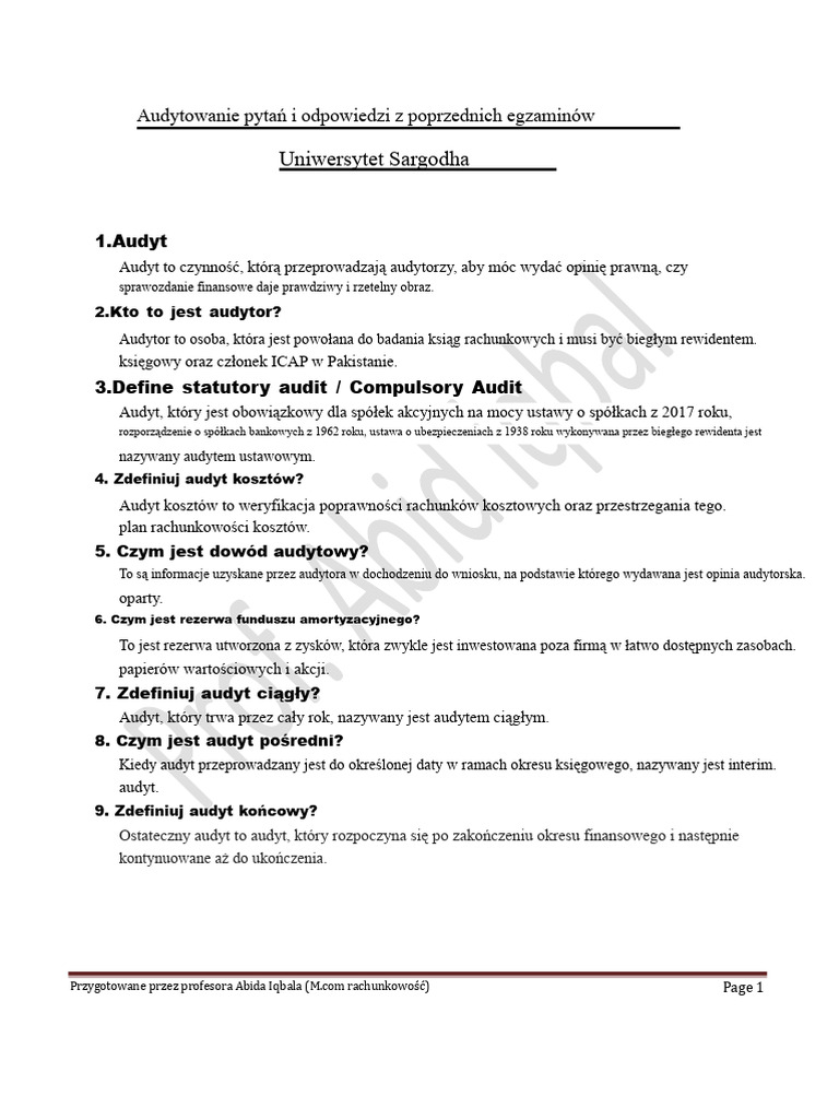 Audytowanie starych arkuszy egzaminacyjnych, pytania i odpowiedzi. | PDF