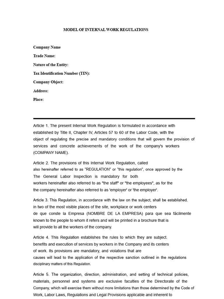 Internal Work Regulations Template | PDF | Employment | Overtime