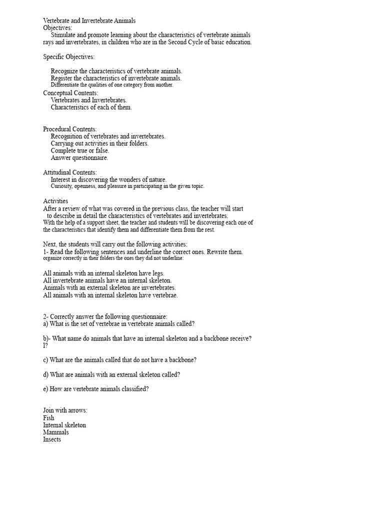 Lesson Plan On Vertebrate and Invertebrate Animals | PDF