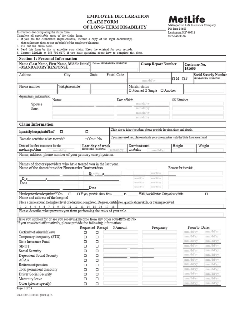 MetLife Long-Term Disability Claim Form | PDF | Fraud | Social Security ...