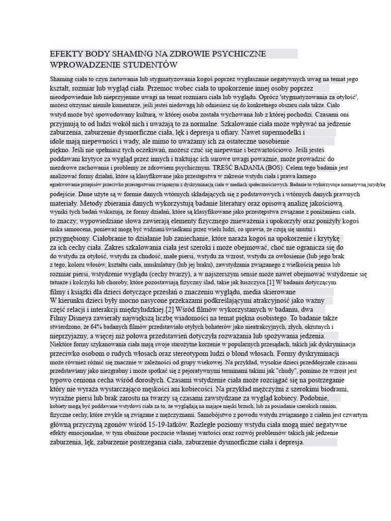 Skutki Wstydu Ciała Na Zdrowie Psychiczne Uczniów | PDF
