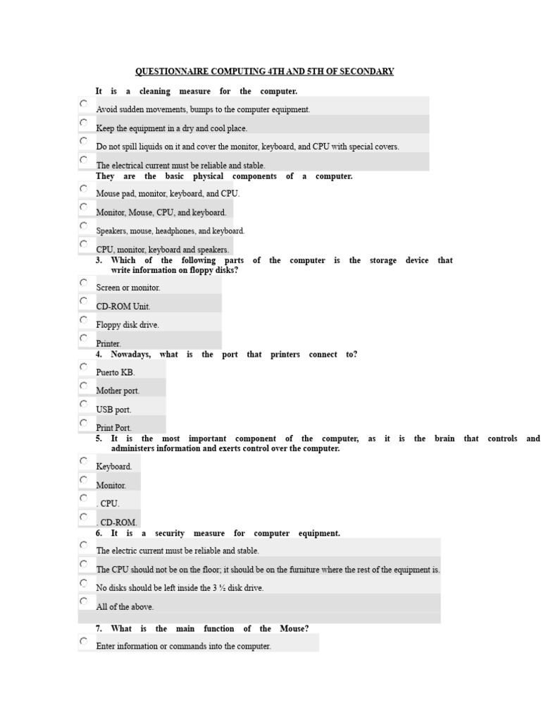 Computing Questionnaire For 4TH and 5TH Grade of Secondary School | PDF ...