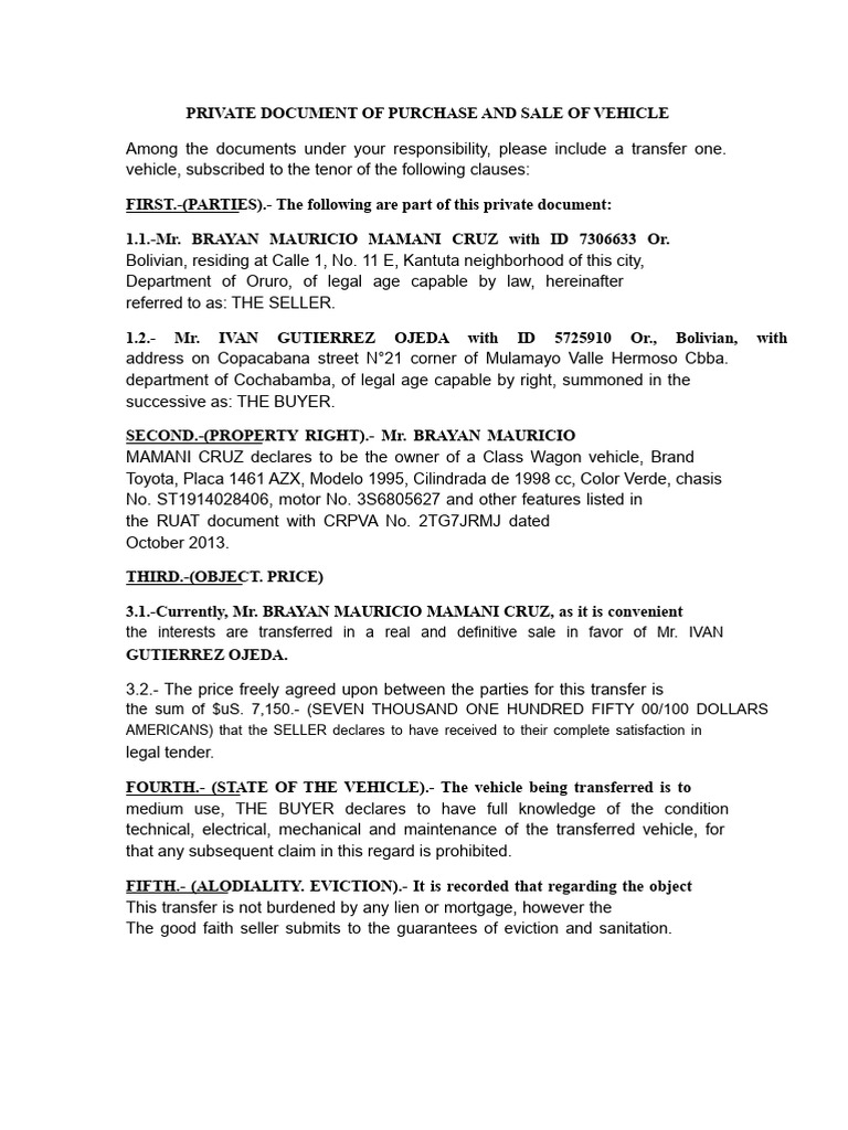 Private Document of Purchase and Sale of Vehicle | PDF | Common Law ...