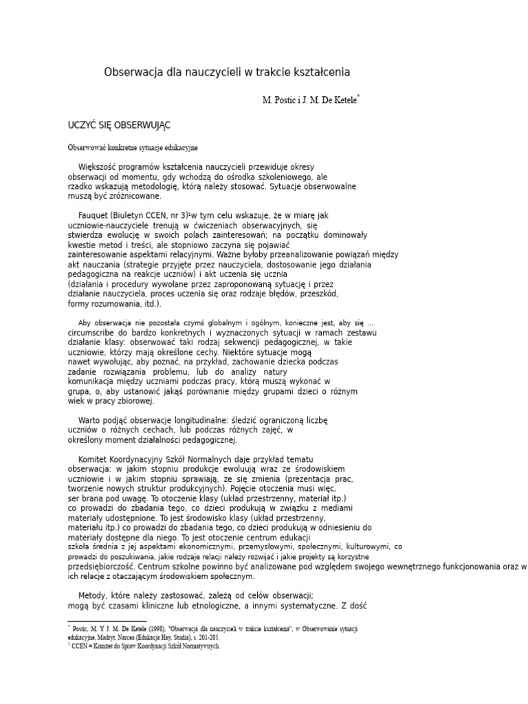 Obserwacja Dla Nauczycieli W Trakcie Szkolenia (Postic, M. I J.M. de ...