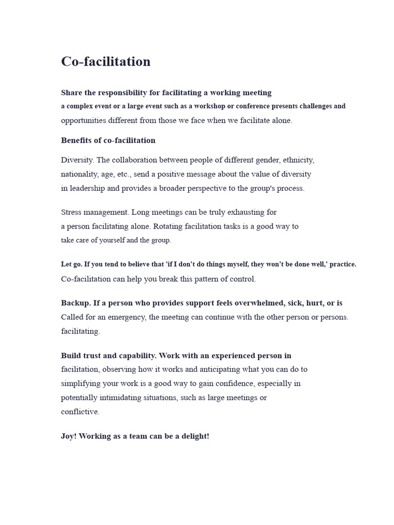 Role of The Co-Facilitator | PDF | Leadership | Psychological Concepts