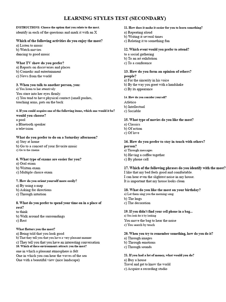 Secondary Learning Styles Test | PDF | Learning Styles | Cognition