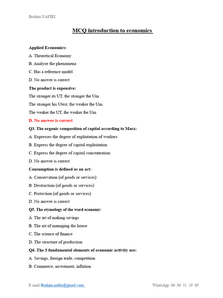 Economics MCQ Study Guide | PDF | Cost Of Goods Sold | Inflation