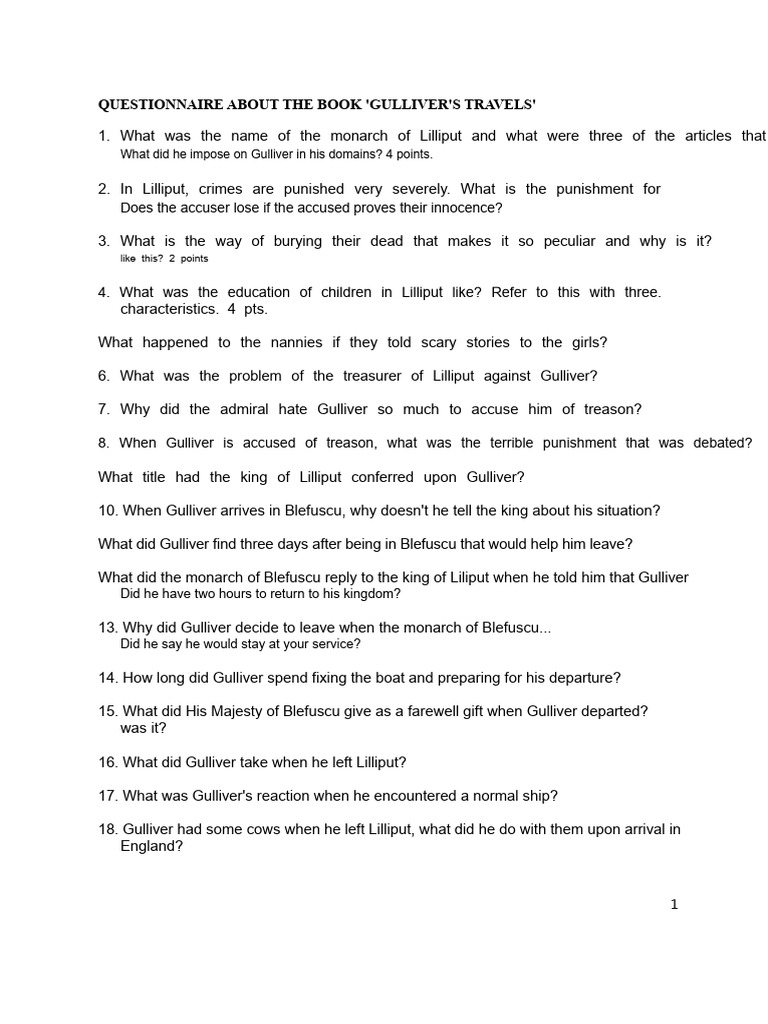Questionnaire About Gulliver's Travels | PDF | Gulliver's Travels
