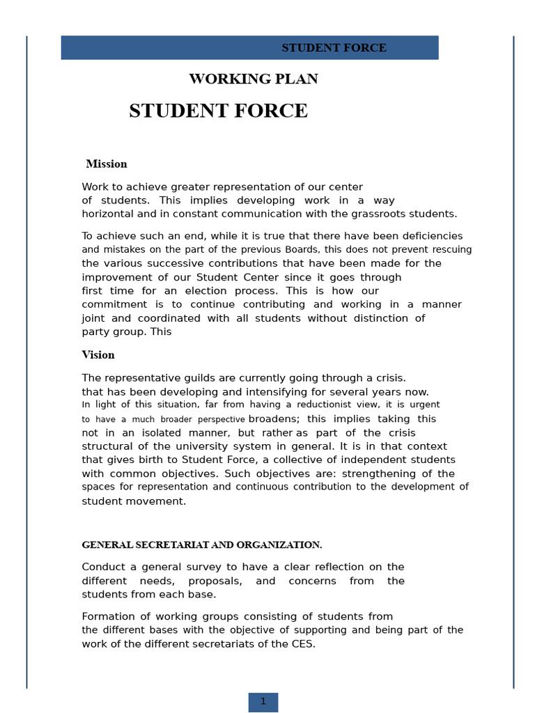 Student Force Working Plan Overview | PDF