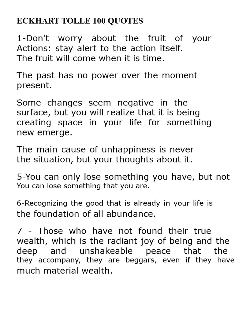 Eckhart Tolle's 100 Transformative Quotes | PDF | Mind | Thought