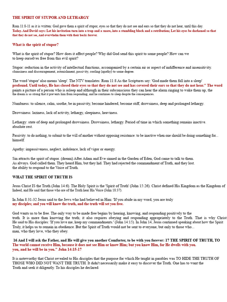 The Spirit of Stupor and Lethargy | PDF | Jesus | Gospel Of John