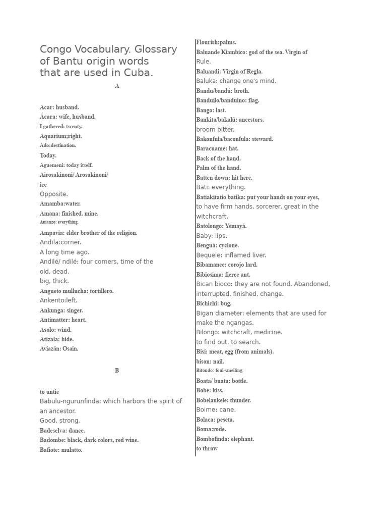 Congo Vocabulary. Glossary of Words of Bantu Origin Used in Cuba. | PDF