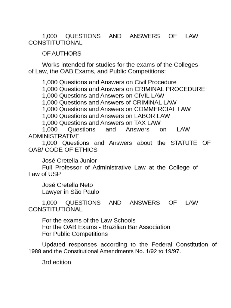 1,000 Law Questions & Answers Guide | PDF | Separation Of Powers ...