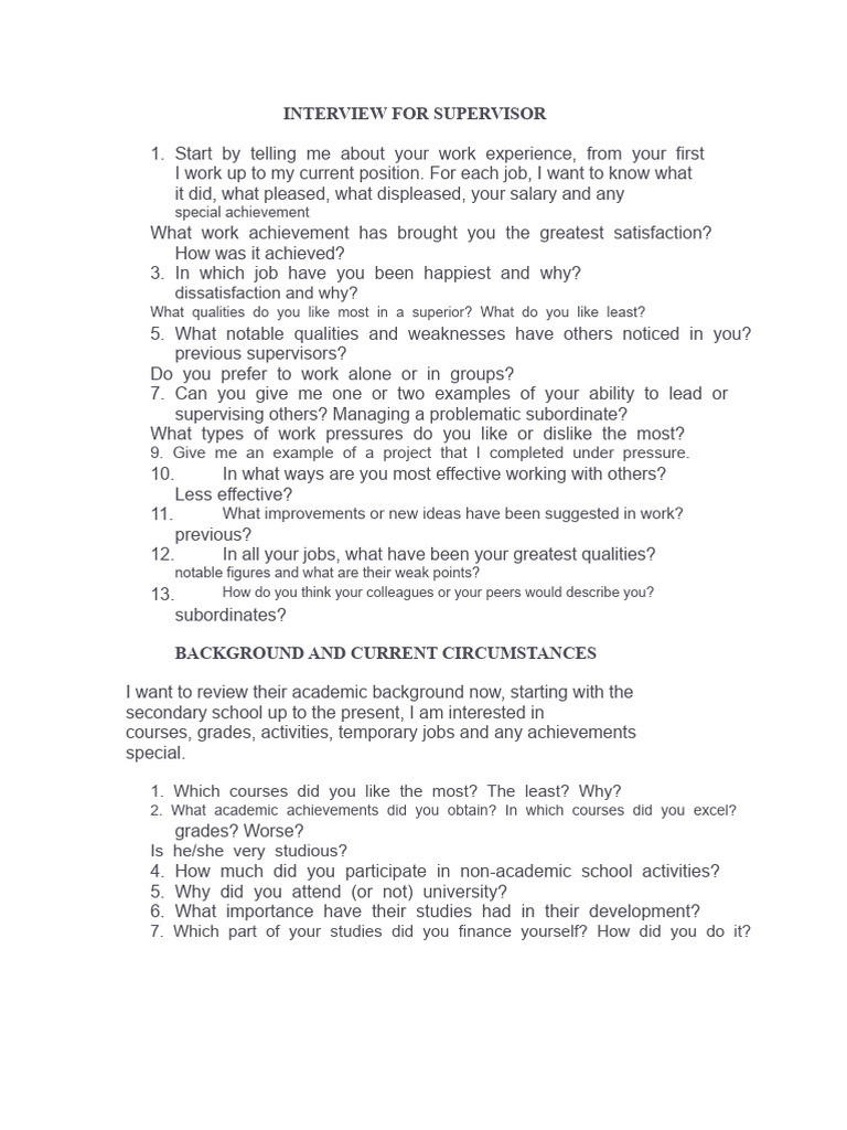 Supervisor Interview Questions Guide | PDF | Social Psychology | Psychology