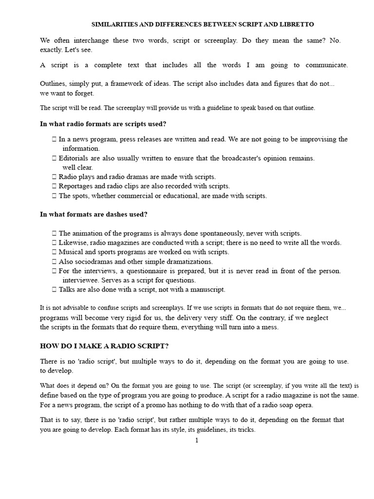 Similarities and Differences Between Script and Libretto | PDF ...