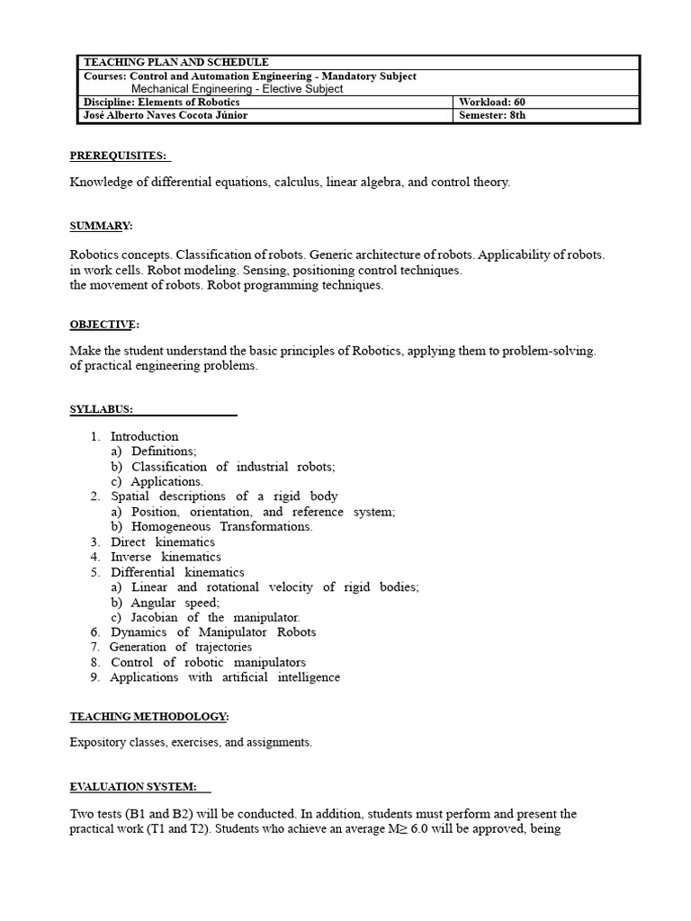 Teaching Plan CAT181 - Robotics | PDF | Kinematics | Robotics