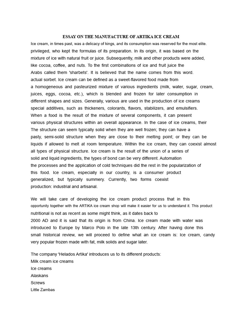 Essay On The Manufacturing of Artika Ice Cream | PDF | Ice Cream | Milk