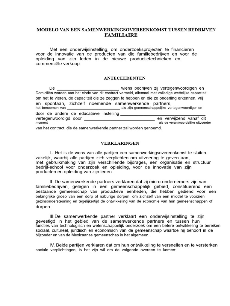 Model Van Een Samenwerkingsovereenkomst Tussen Familiebedrijven | PDF