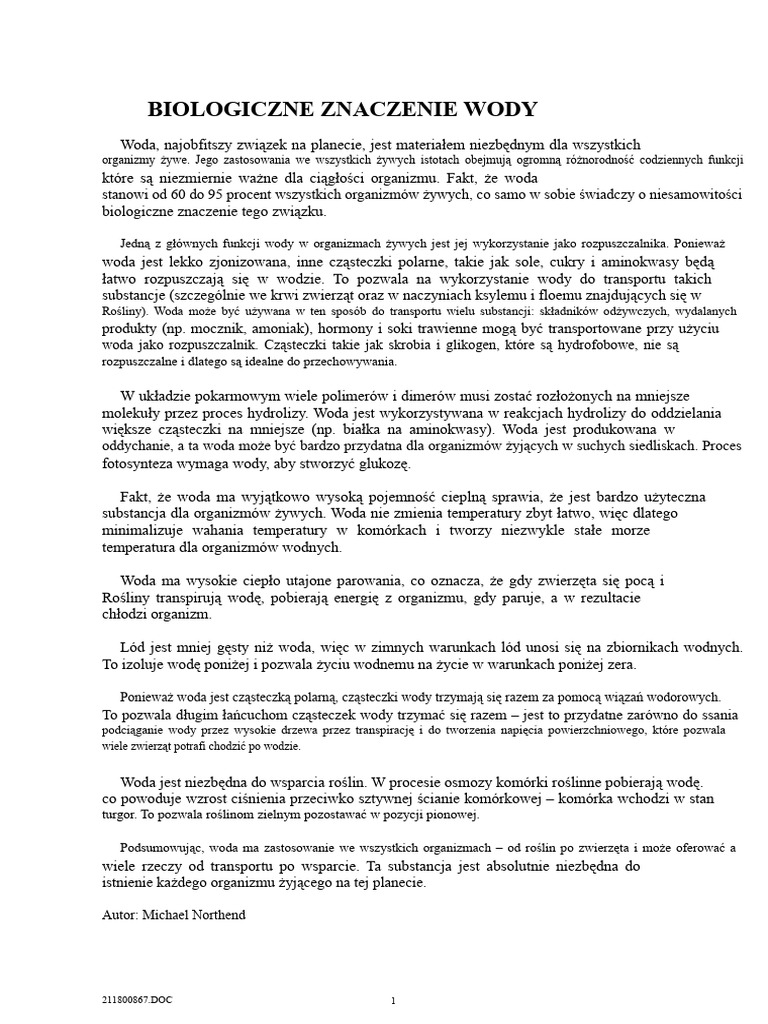 Biologiczne Znaczenie Wody | PDF