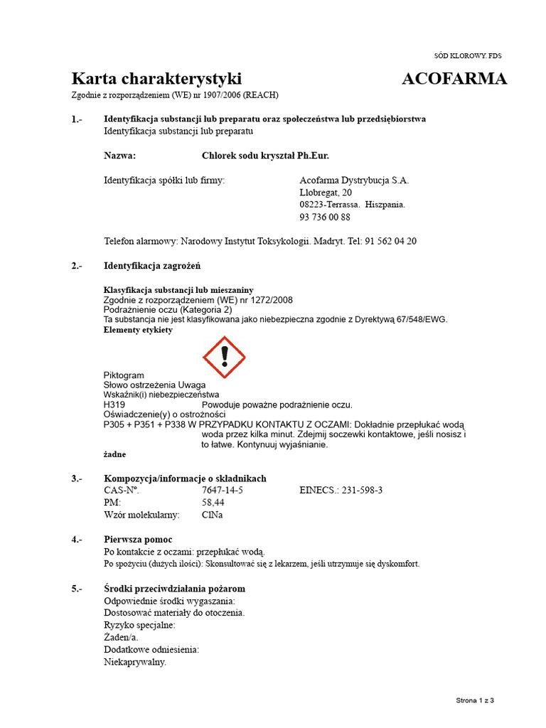 Karta bezpieczeństwa NaCl | PDF
