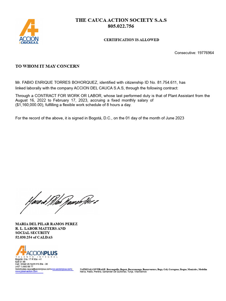 Work Certificate Acción Plus | PDF