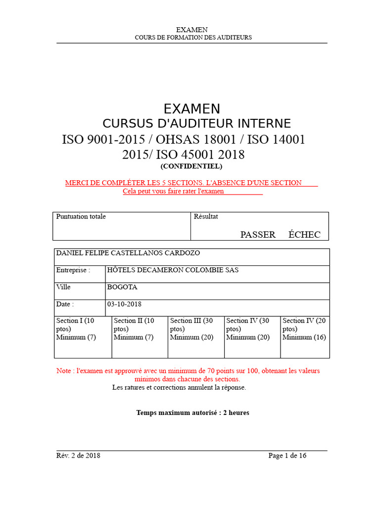 Examen D'auditeur Interne Iso 9001 Iso 14001 Iso 45001 Ohsas 18001 | PDF | Audit | Sécurité