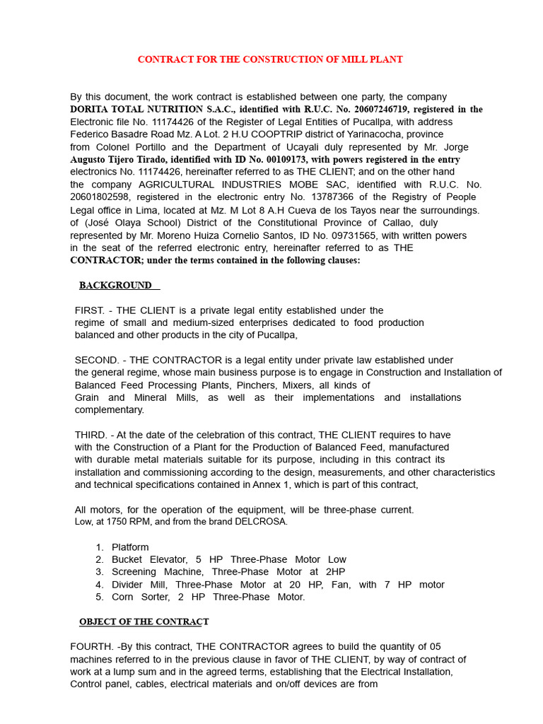 CONTRACT FOR WORK PLANT MILL CONTRACTOR Ok | PDF