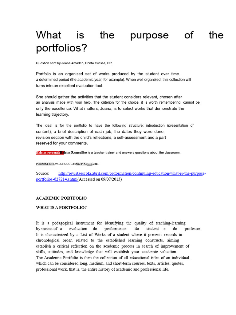 What Is The Purpose of Portfolios? | PDF | Teachers | Learning