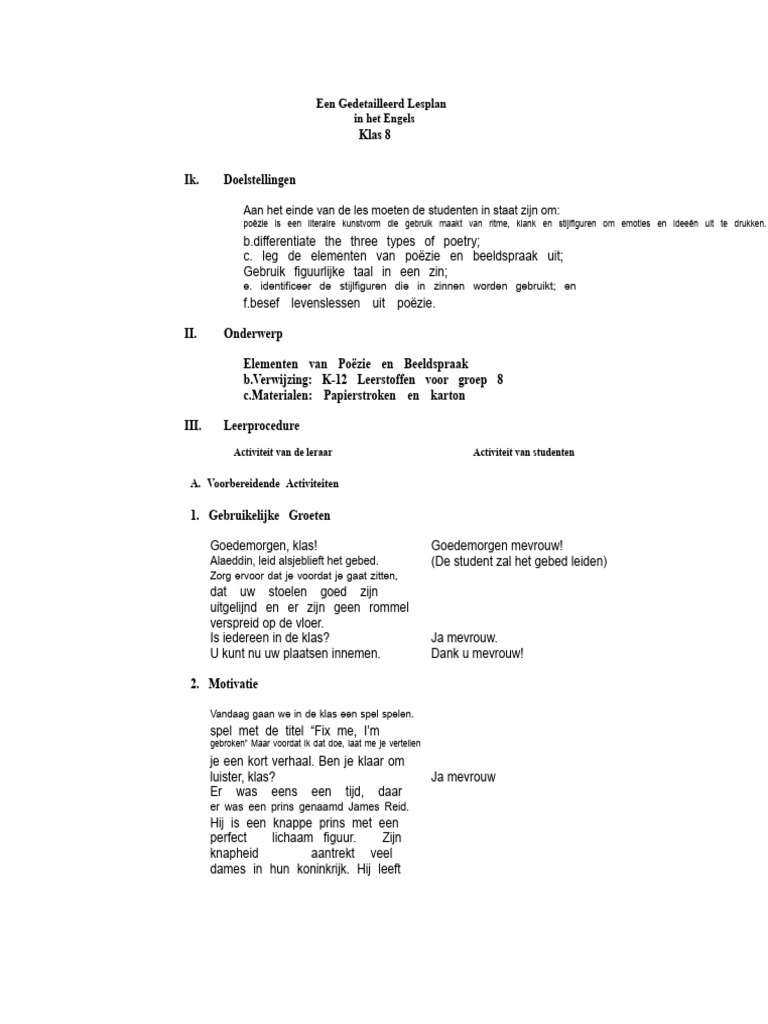 Een Gedetailleerd Lesplan Voor Groep 8 Poëzie | PDF