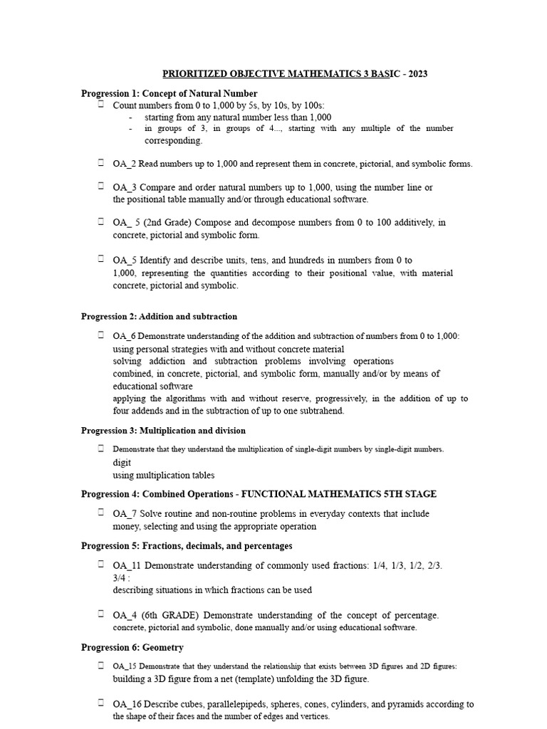 PRIORITIZED OBJECTIVES MATHEMATICS 3rd GRADE | PDF | Subtraction | Numbers
