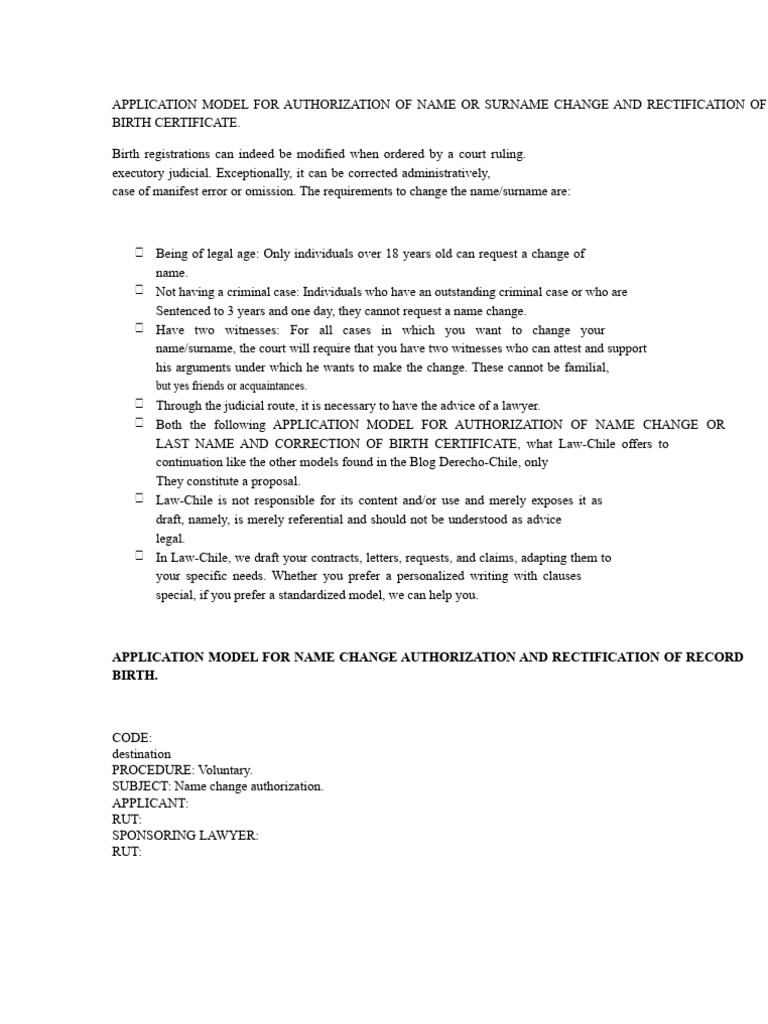 Name Change Application Model Guide | PDF | Birth Certificate | Justice