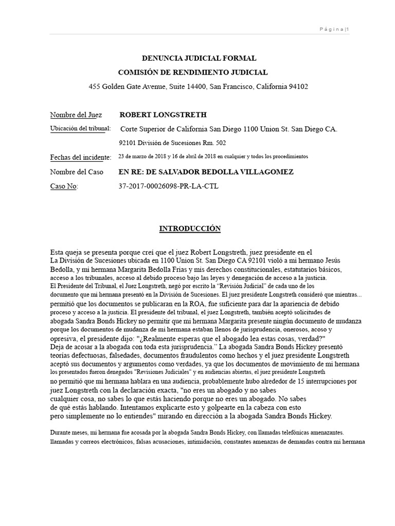 Queja Judicial Formal Contra El Juez Robert Longstreth | PDF | Debido ...