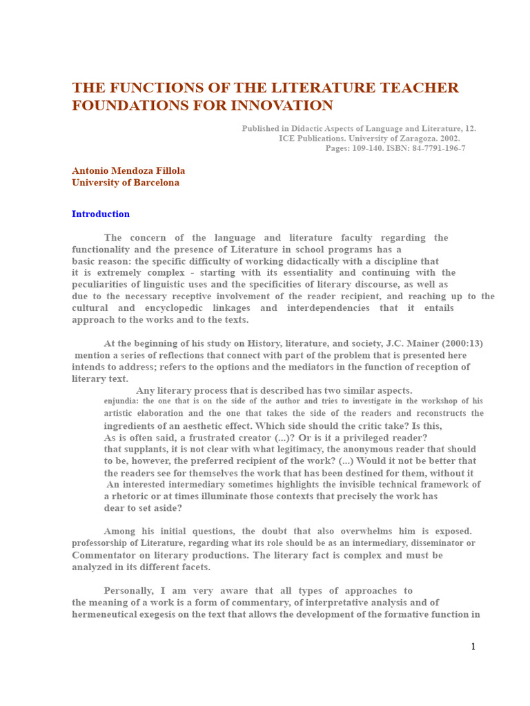The Functions of The Literature Teacher: Foundations For Innovation ...
