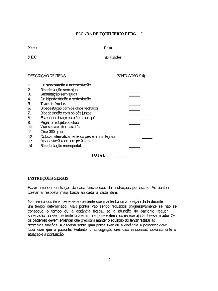 Escala de Equilíbrio Berg: Avaliação Funcional | PDF | Pé (unidade de ...