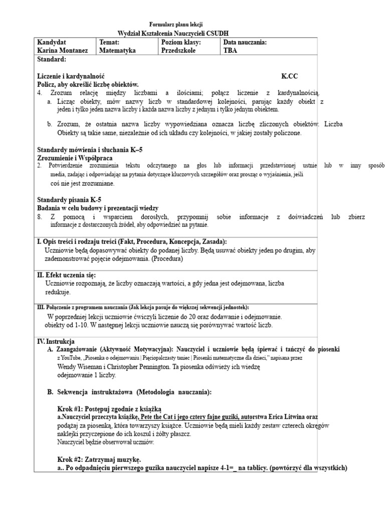plan lekcji matematyki przedszkolnej | PDF