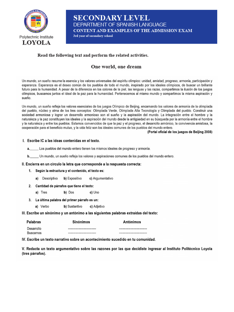 Admission Exam Content for 3rd Year | PDF