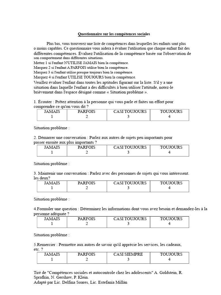 Questionnaire sur les compétences sociales | PDF