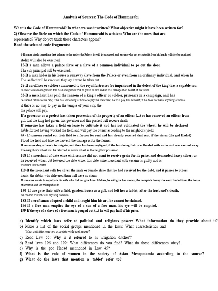 Activity - Source Analysis - The Code of Hammurabi | PDF