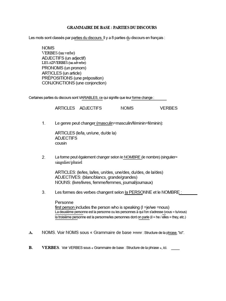 Les Parties Du Discours en Français | PDF | Nature (grammaire) | Nombre ...