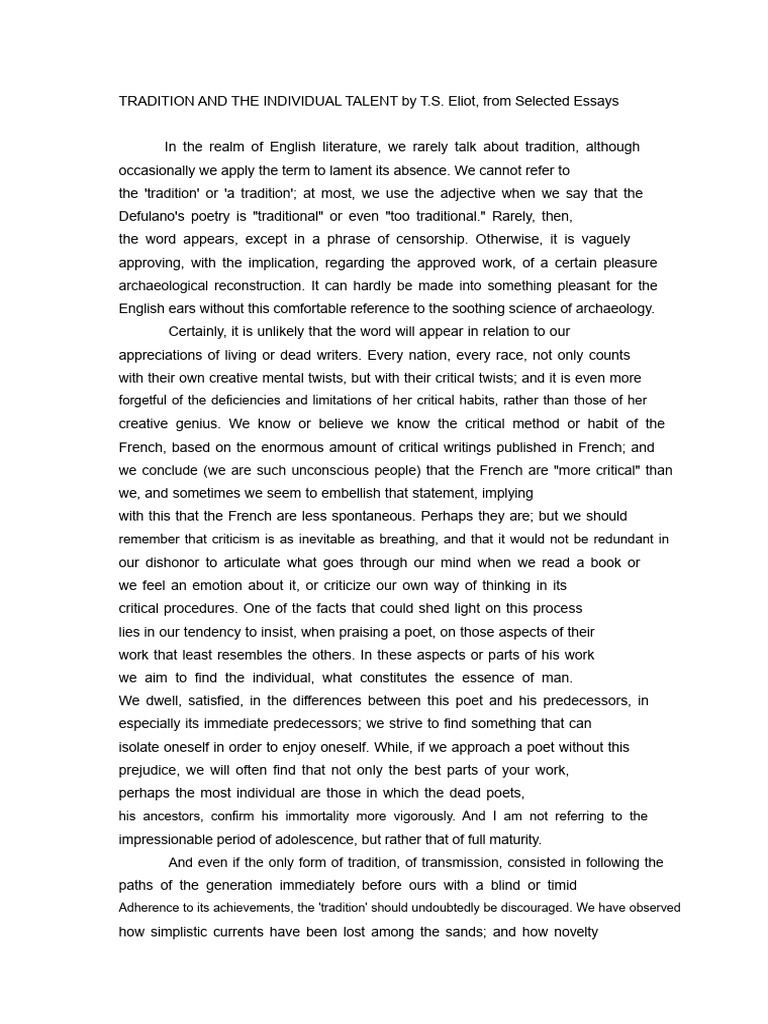 ELIOT, T.S - Tradition and Individual Talent | PDF | Mind | Poetry