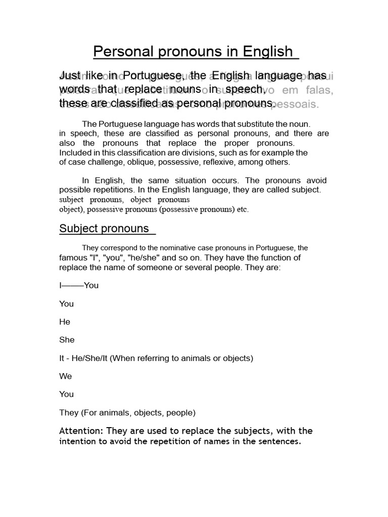 Understanding English Personal Pronouns | PDF | Pronoun | Grammatical ...