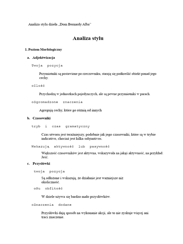 LITERATURA: Analiza stylu "Dom Bernardy Alba" | PDF