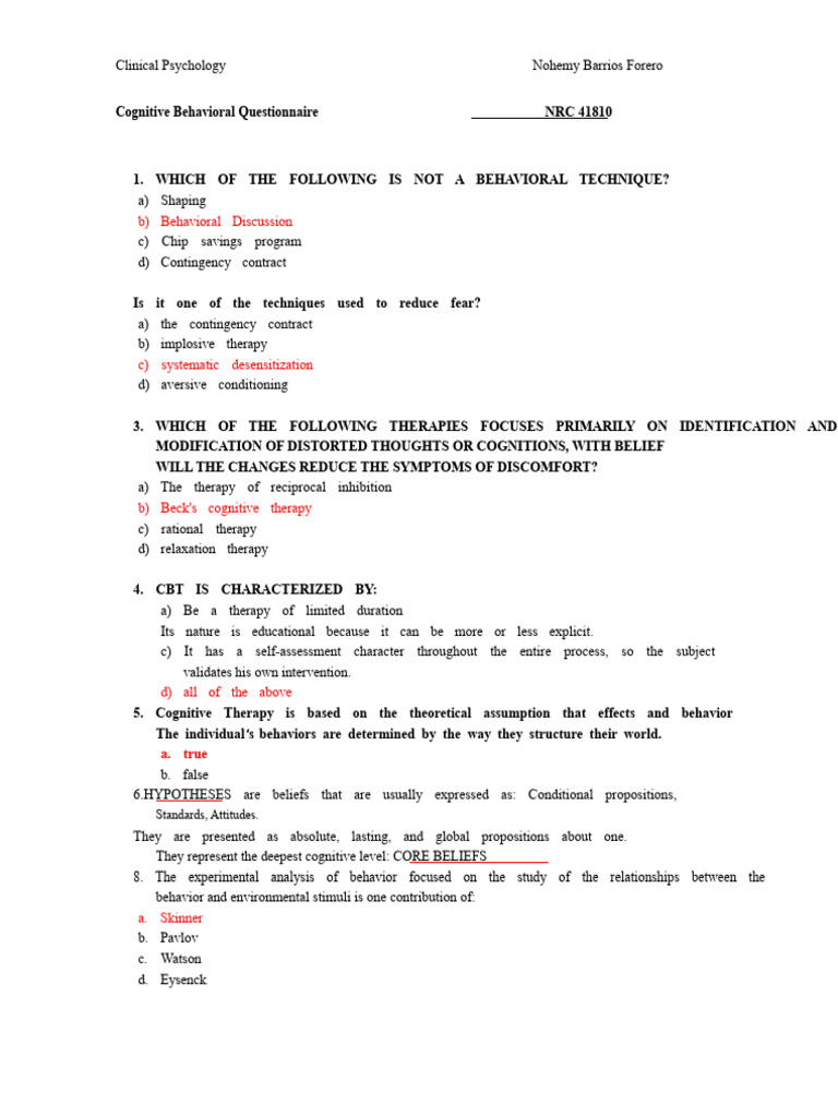 Cognitive Behavioral Questionnaire | PDF