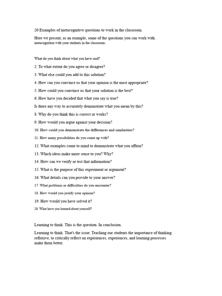 Metacognitive Questions for Students | PDF