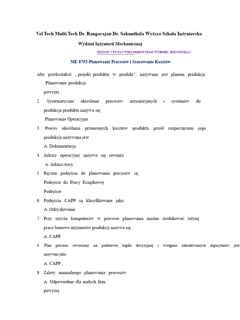 Ppce Jednostka 1 Zestaw Pytań Wielokrotnego Wyboru 2 | PDF