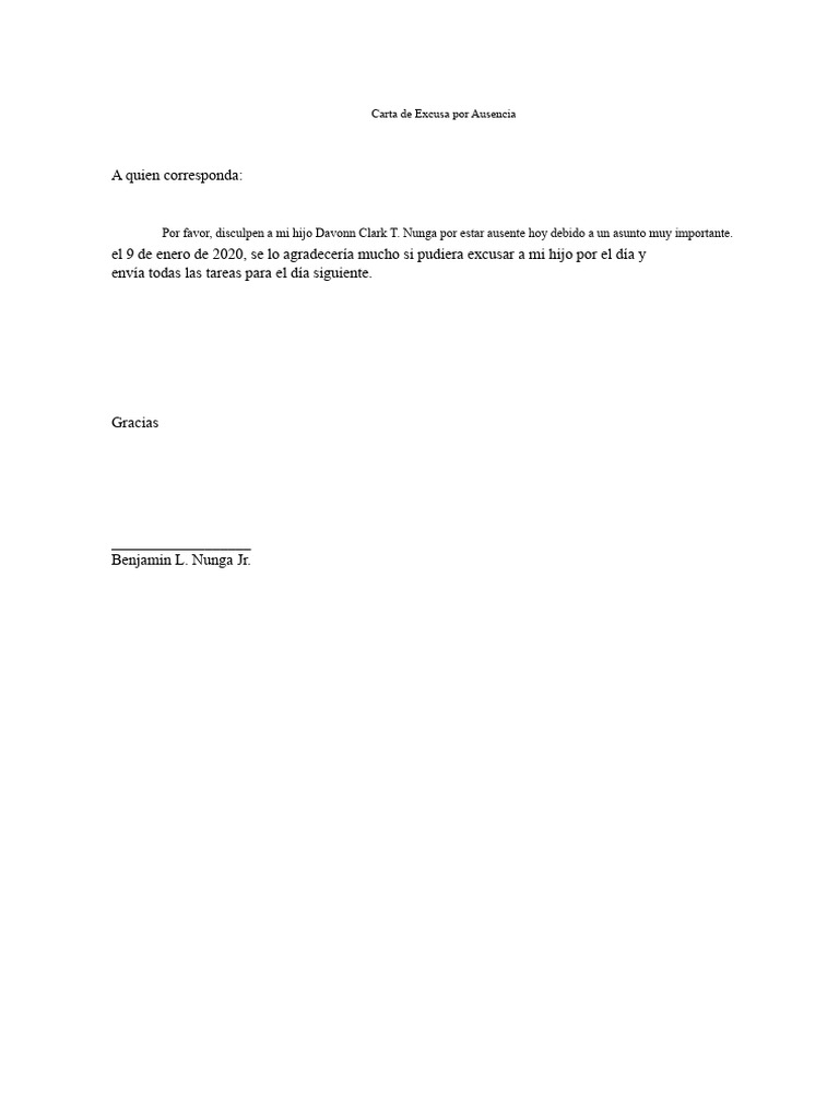 Carta de Excusa por Inasistencia Escolar | PDF